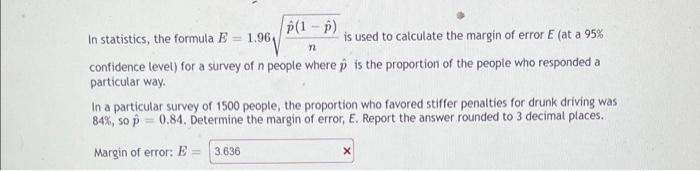 Solved 72 p(1-P) In statistics, the formula E = 1.96 is used | Chegg.com