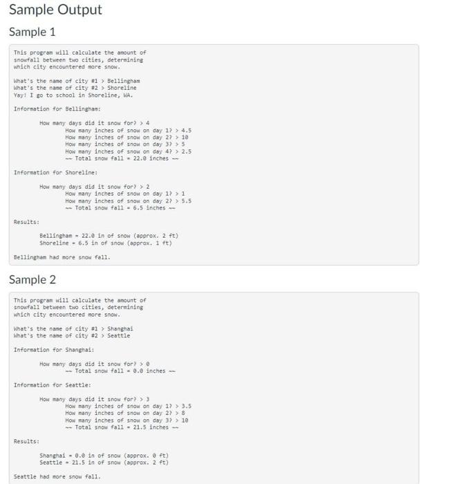 Solved Calculating snow fall in inches For each of the two | Chegg.com