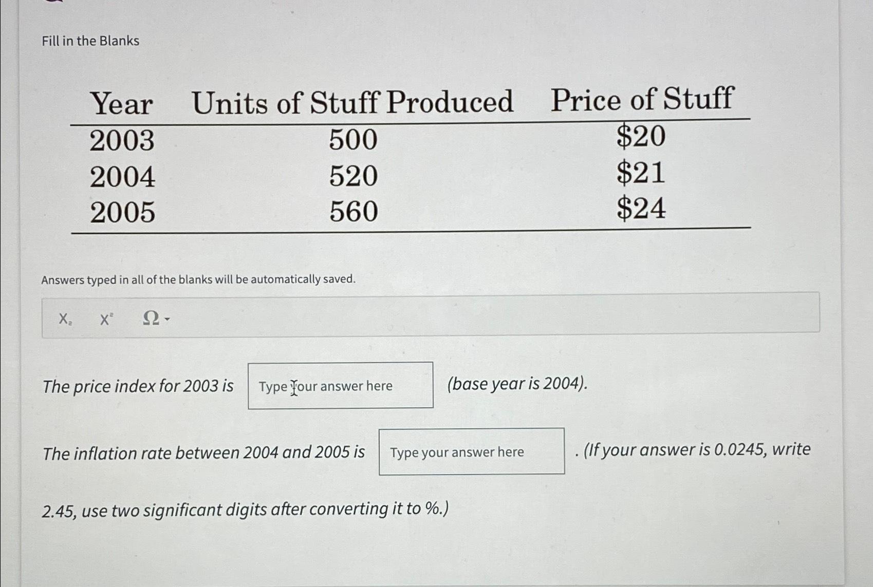 Solved Fill in the Blanks\table[[Year,Units of Stuff | Chegg.com