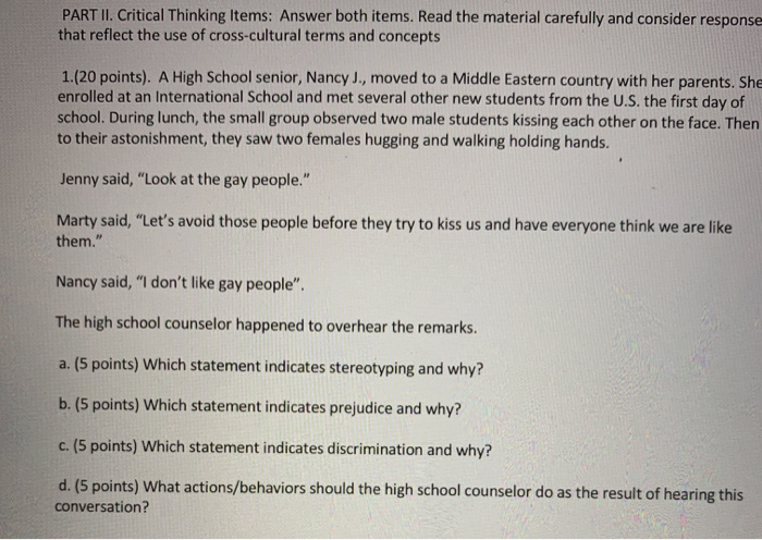 PART II. Critical Thinking Items: Answer both items. | Chegg.com