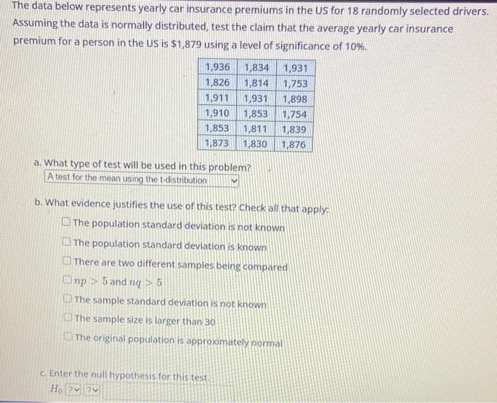 Solved The data below represents yearly car insurance | Chegg.com