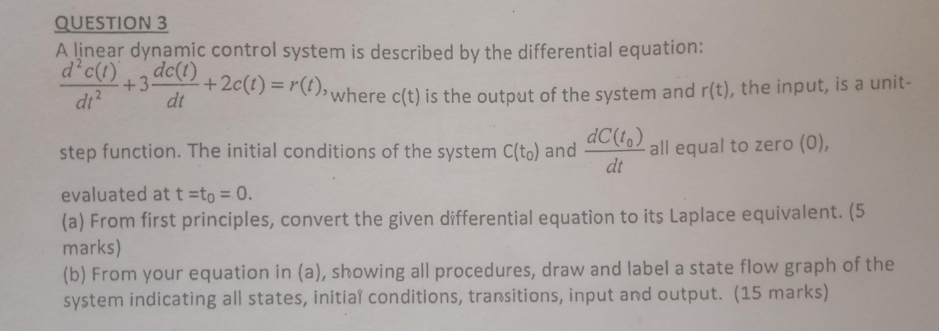 Solved +3 di? QUESTION 3 A linear dynamic control system is | Chegg.com