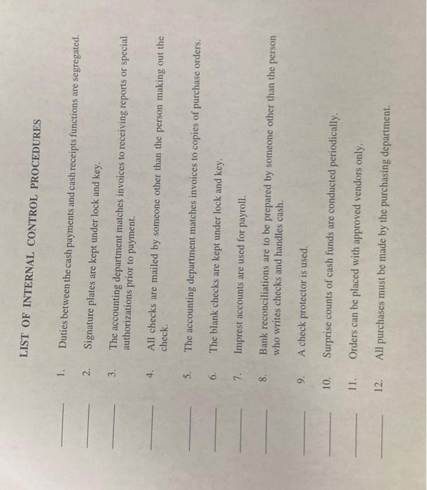 Solved Attached are 12 internal control procedures and | Chegg.com