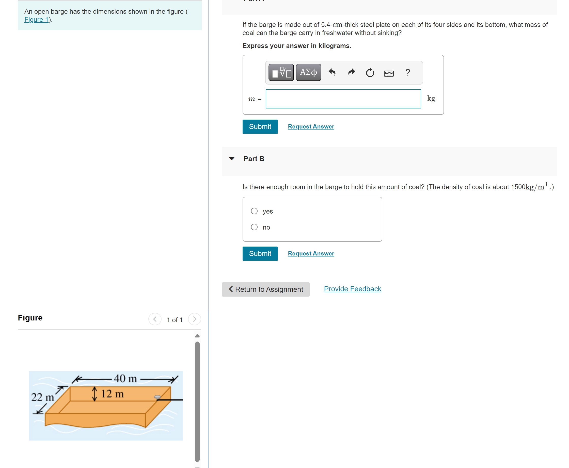 Solved An open barge has the dimensions shown in the figure | Chegg.com