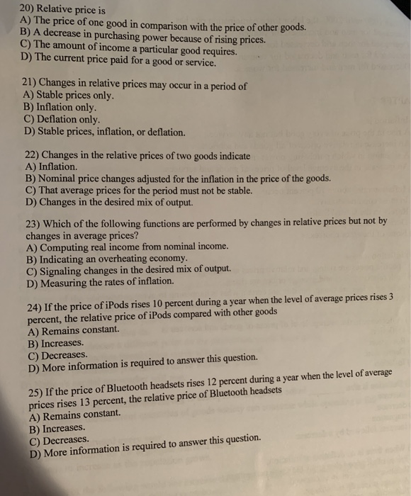 Solved 20) Relative price is A) The price of one good in | Chegg.com