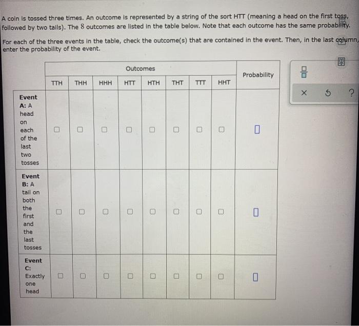 Solved A coin is tossed three times. An outcome is | Chegg.com