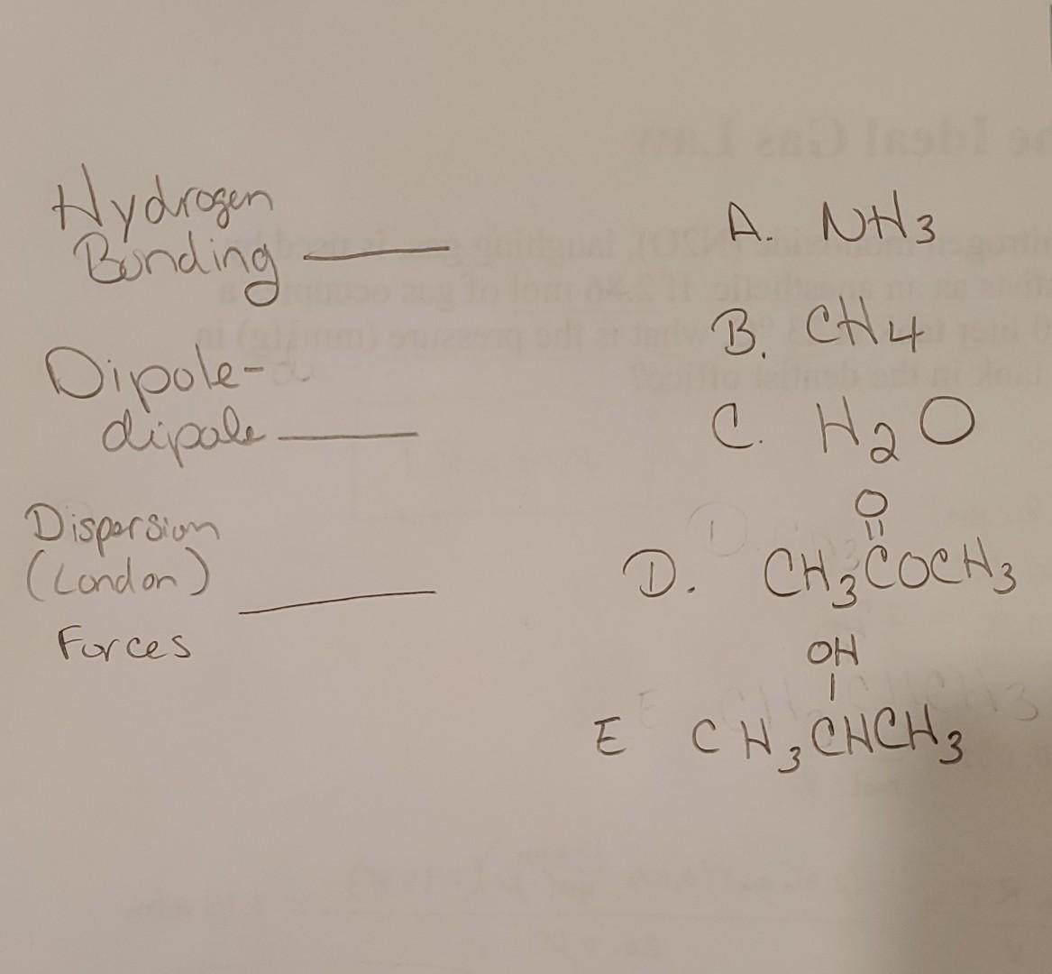 Solved Hydrogen Bonding Dipole- dipale Dispersion (London) | Chegg.com