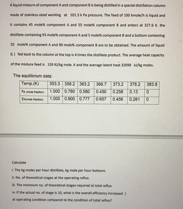 Solved A liquid mixture of component A and component B is | Chegg.com