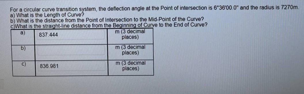 Solved For a circular curve transition system, the | Chegg.com