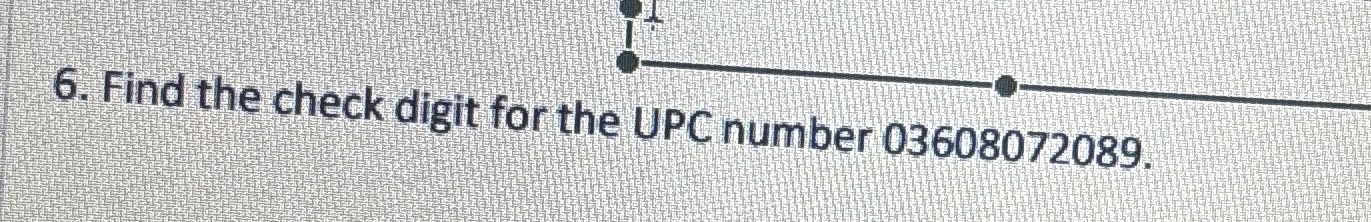 Solved Find the check digit for the UPC number 03608072089 . | Chegg.com