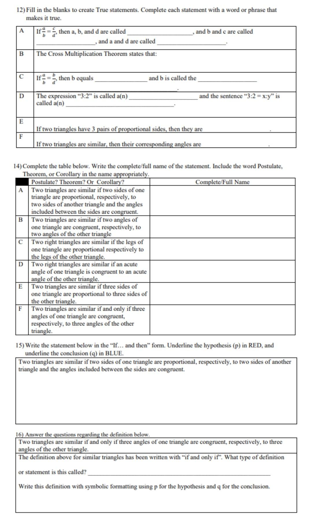 Solved 12) Fill in the blanks to create True statements. | Chegg.com