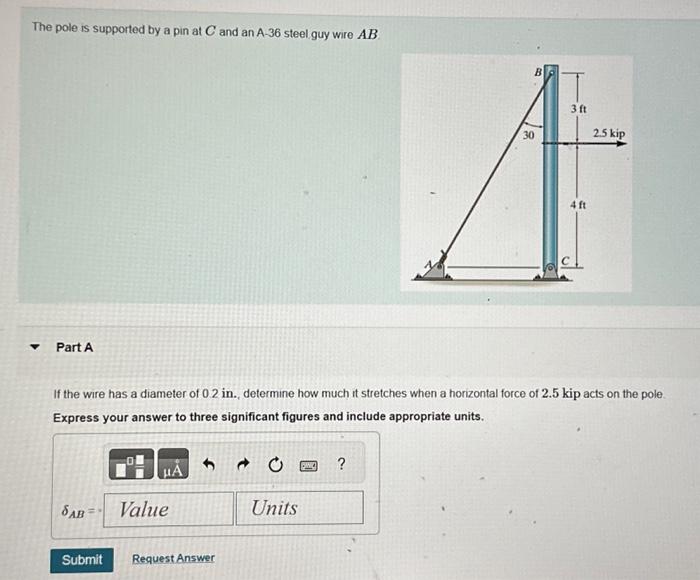 Solved The pole is supported by a pin at C and an A-36 steel | Chegg.com