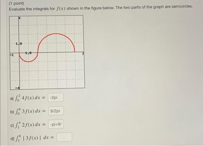 [Solved]: (1 point) Evaluate the integrals for ( f(x