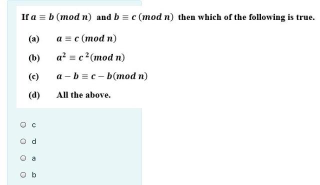 Solved If A B Mod N And B C Mod N Then Which Of The