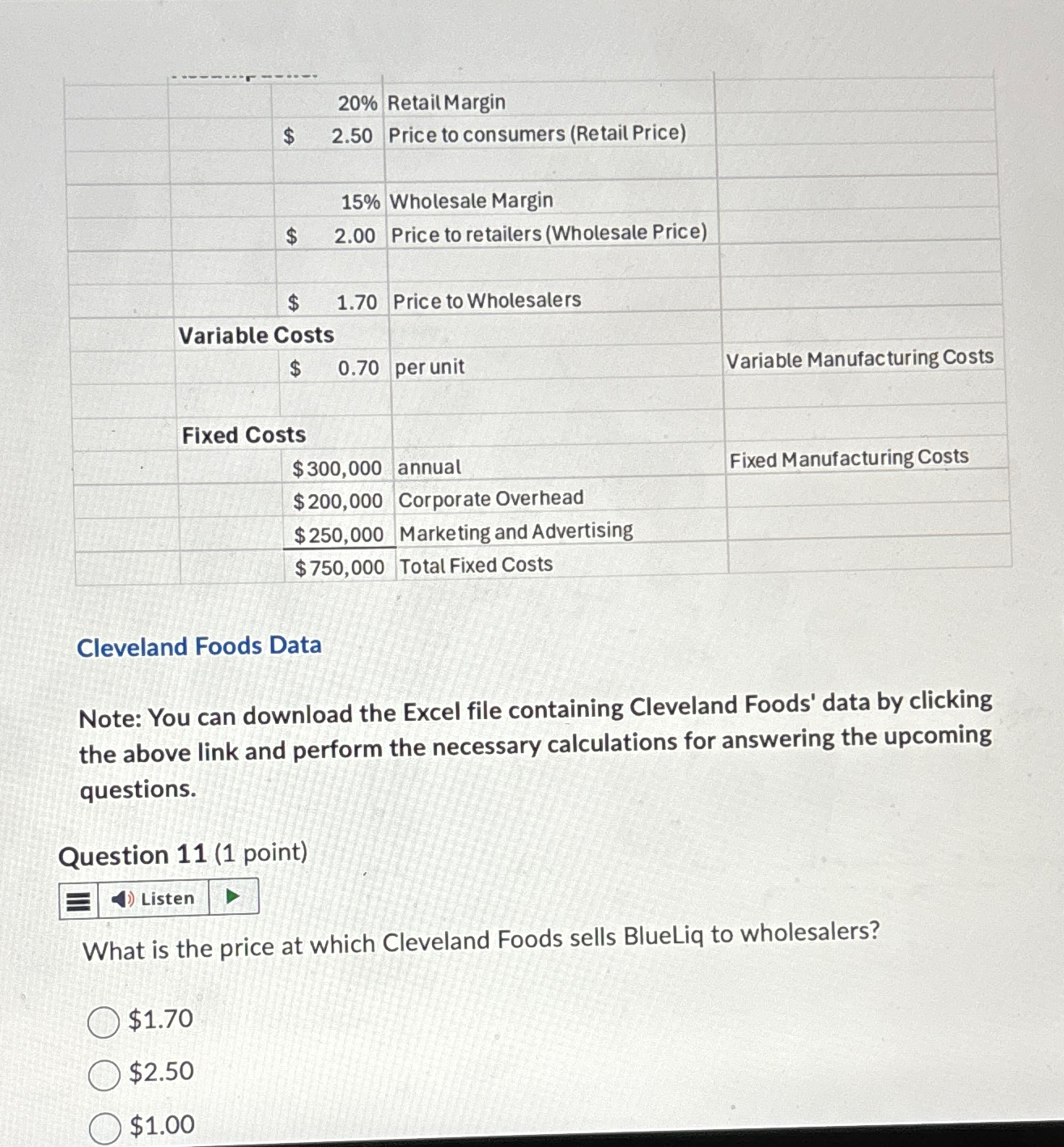 Solved Cleveland Foods DataNote: You can download the Excel | Chegg.com