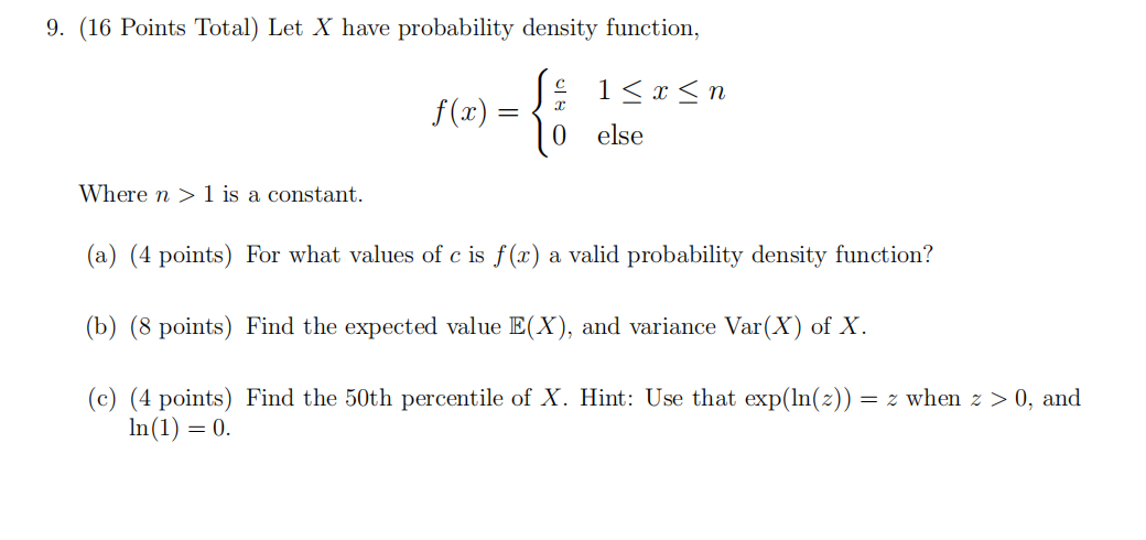 Solved (16 ﻿Points Total) ﻿Let x ﻿have probability density | Chegg.com
