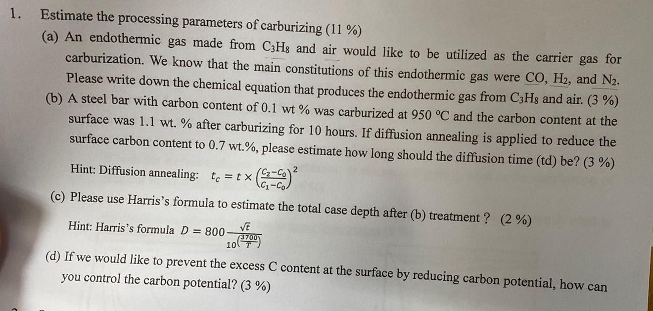 Solved Estimate the processing parameters of carburizing | Chegg.com