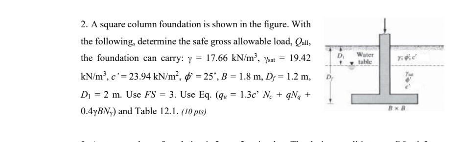 Solved D = Water table 2. A square column foundation is | Chegg.com