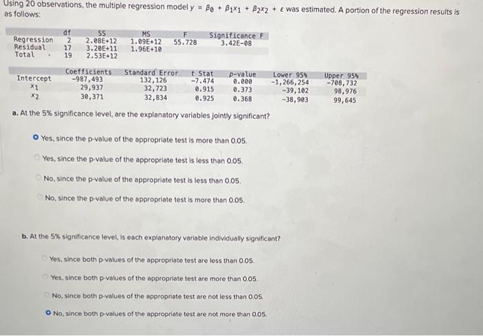 Solved Using 20 observations, the multiple regression model | Chegg.com