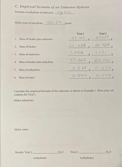 Solved C. Empirical Formula of an Unknown Hydrate Formula of | Chegg.com
