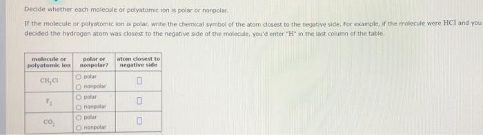Solved Decide whether each molecule or polyatomic ion is | Chegg.com