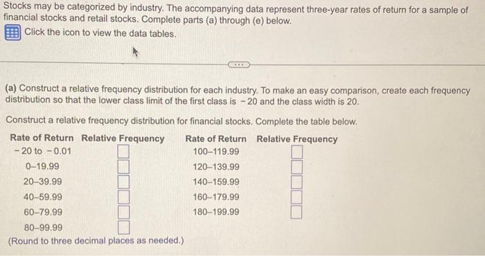 Solved Stocks may be categorized by industry. The | Chegg.com