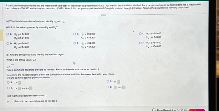 Solved A credi card cempany clams that the mean credt card | Chegg.com