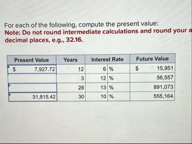 Solved For each of the following, compute the present | Chegg.com