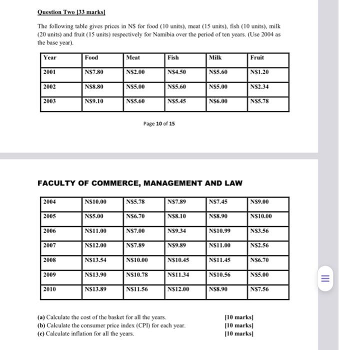 Solved Question Two 133 marks The following table gives | Chegg.com