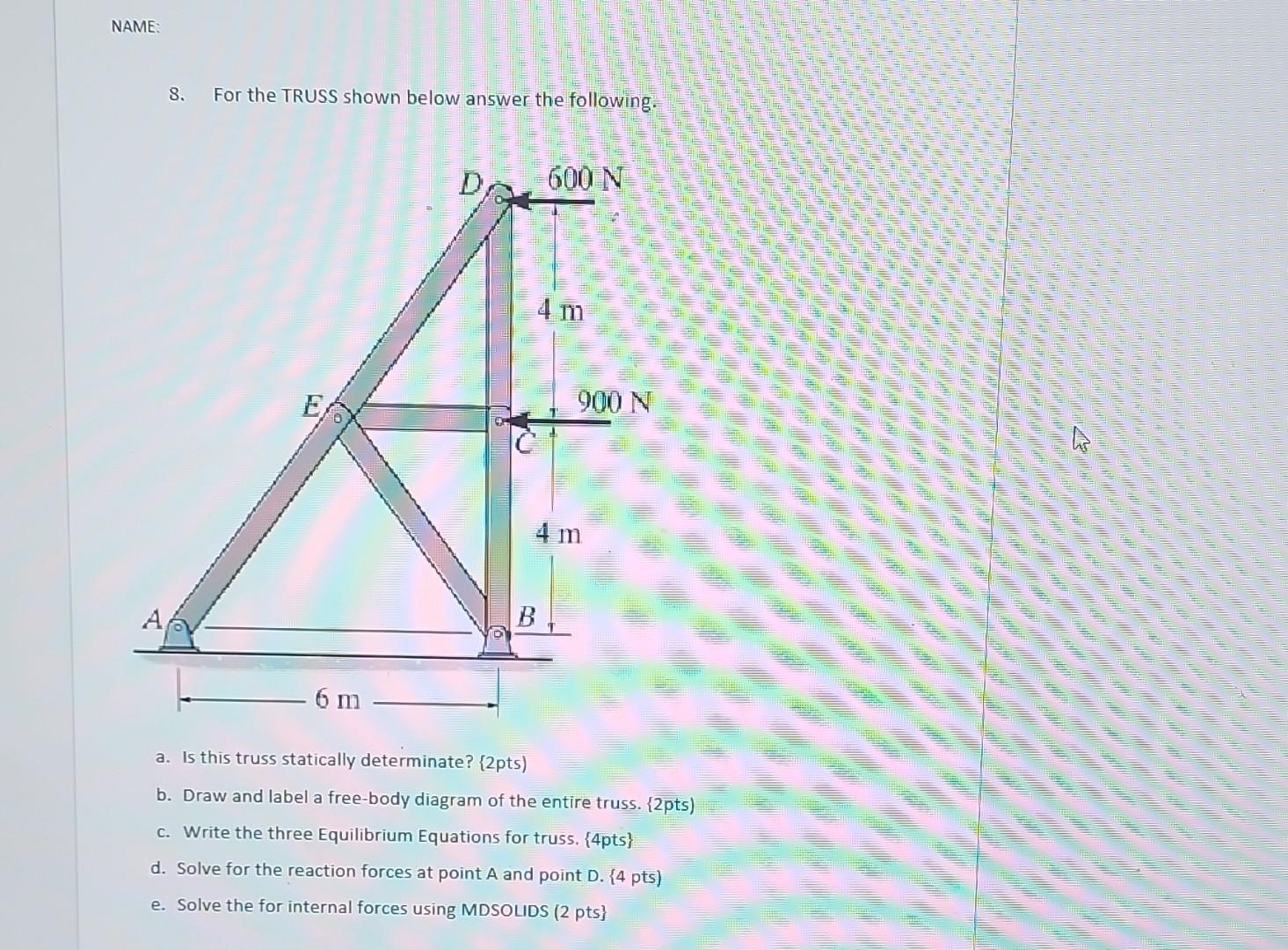 Solved 8. For the TRUSS shown below answer the following. a. | Chegg.com
