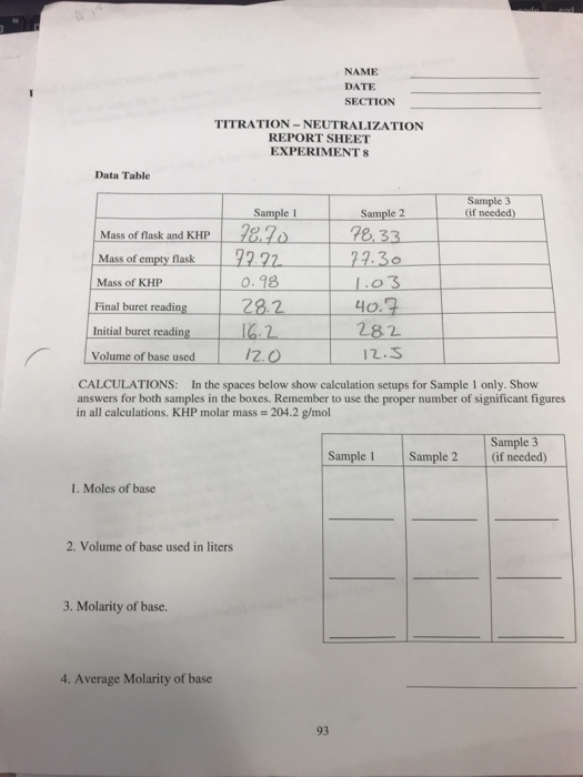 Solved NAME DATE SECTION TITRATION - NEUTRALIZATION REPORT | Chegg.com