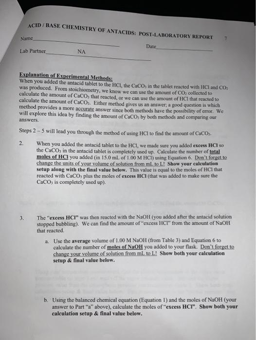 Solved ACID/BASE CHEMISTRY OF ANTACIDS: POST-LABORATORY | Chegg.com