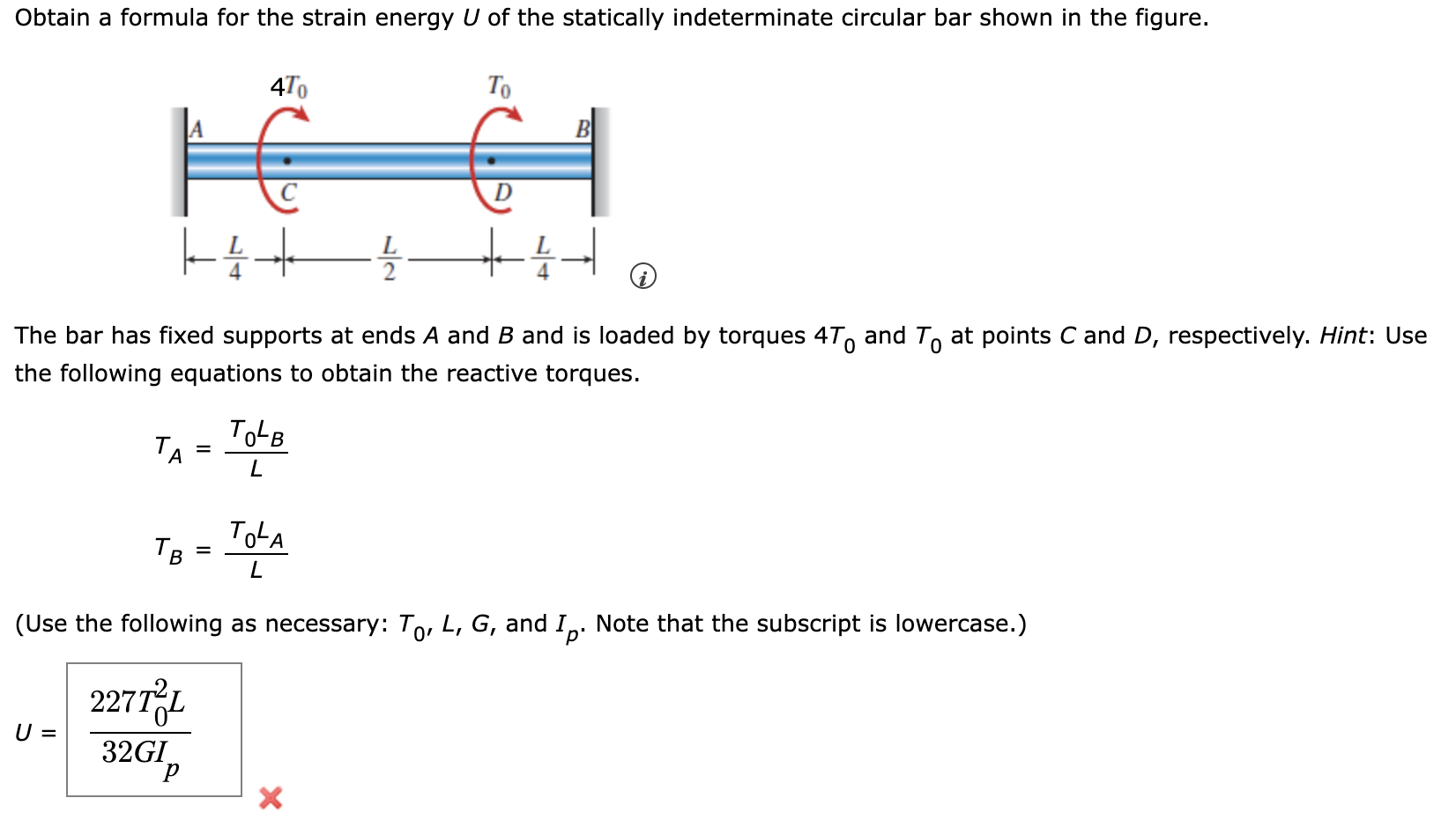 Solved Obtain a formula for the strain energy U ﻿of the | Chegg.com