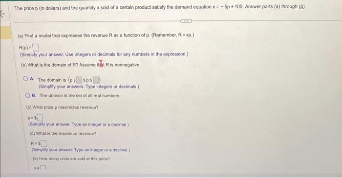 Solved The price p (in dollars) and the quantity x sold of a | Chegg.com