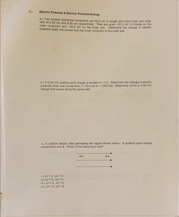 Solved 5.) Electric Potential & Electric Potential Energy | Chegg.com