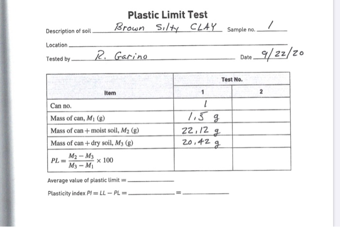 Solved Plastic Limit Test Rare Sole CLAY 2.Ge Liquid Limit | Chegg.com