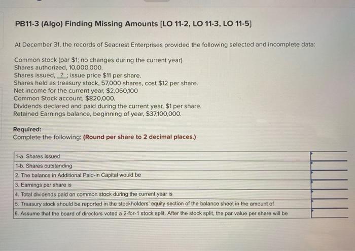 Solved PB11-3 (Algo) Finding Missing Amounts [LO 11-2, LO | Chegg.com
