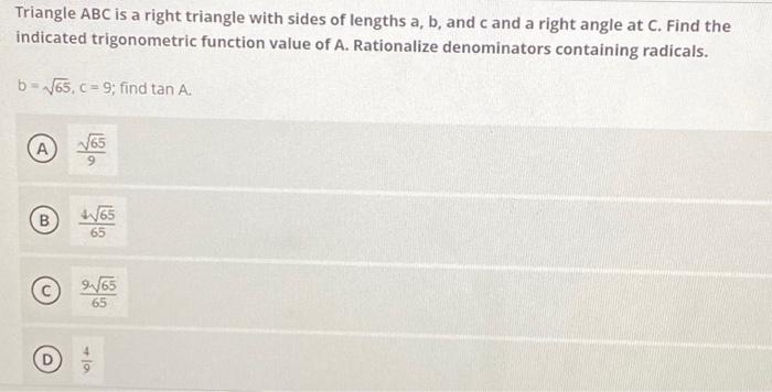 Solved Triangle ABC is a right triangle with sides of | Chegg.com