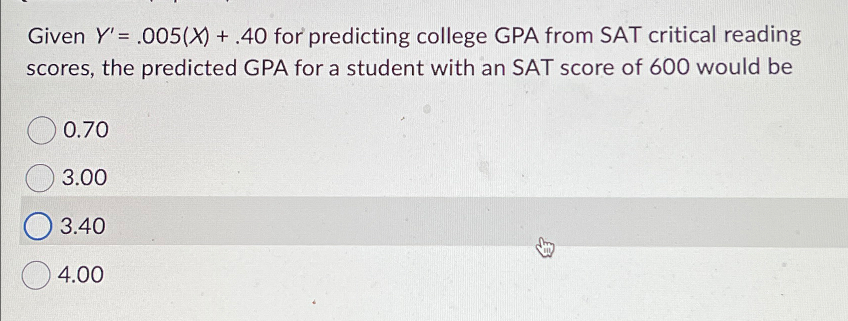 Solved Given Y'=.005(x)+.40 ﻿for predicting college GPA from | Chegg.com