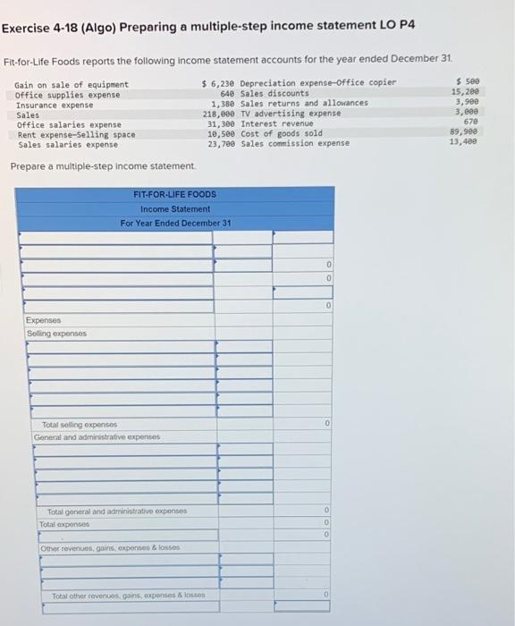 Solved Exercise 4-18 (Algo) Preparing a multiple-step income | Chegg.com Solved Exercise 4-18 (Algo) Preparing a multiple-step income | Chegg.com