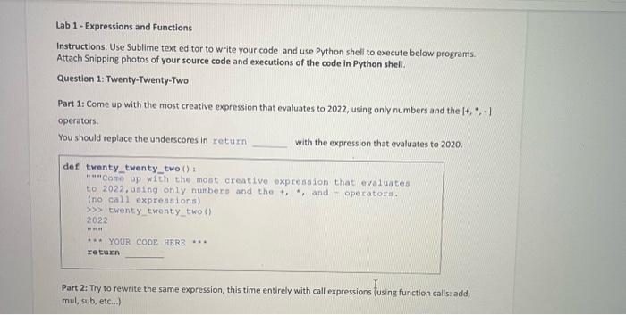 Solved Lab 1-Expressions and Functions Instructions: Use | Chegg.com