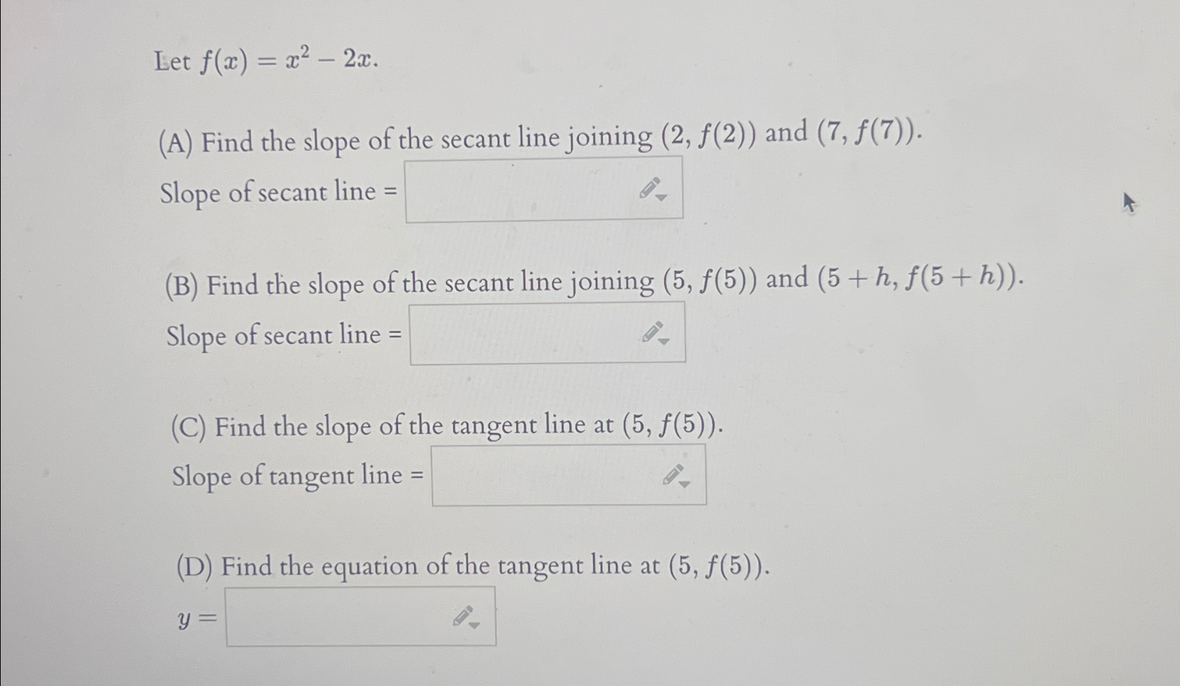 Solved Let f(x)=x2-2x.(A) ﻿Find the slope of the secant line | Chegg.com
