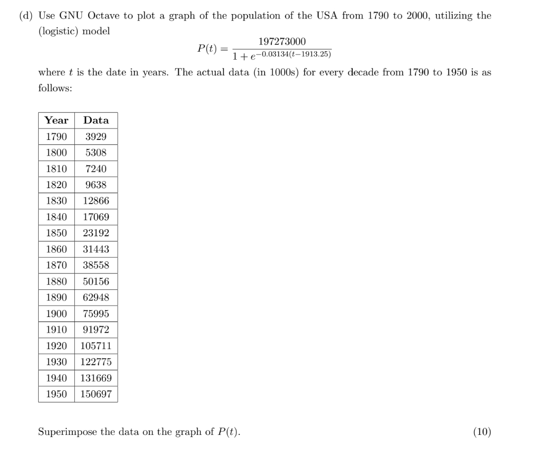 (d) ﻿Use GNU Octave to plot a graph of the population | Chegg.com