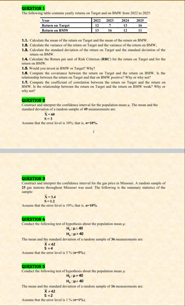 Solved QUESTION 1The following table contains yearly returns | Chegg.com