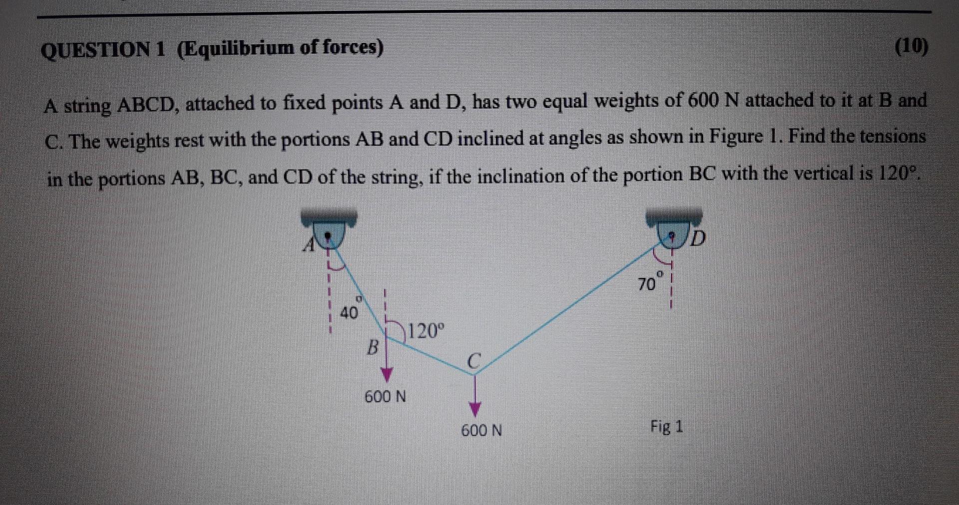 Solved QUESTION 1 (Equilibrium of forces) (10) A string | Chegg.com