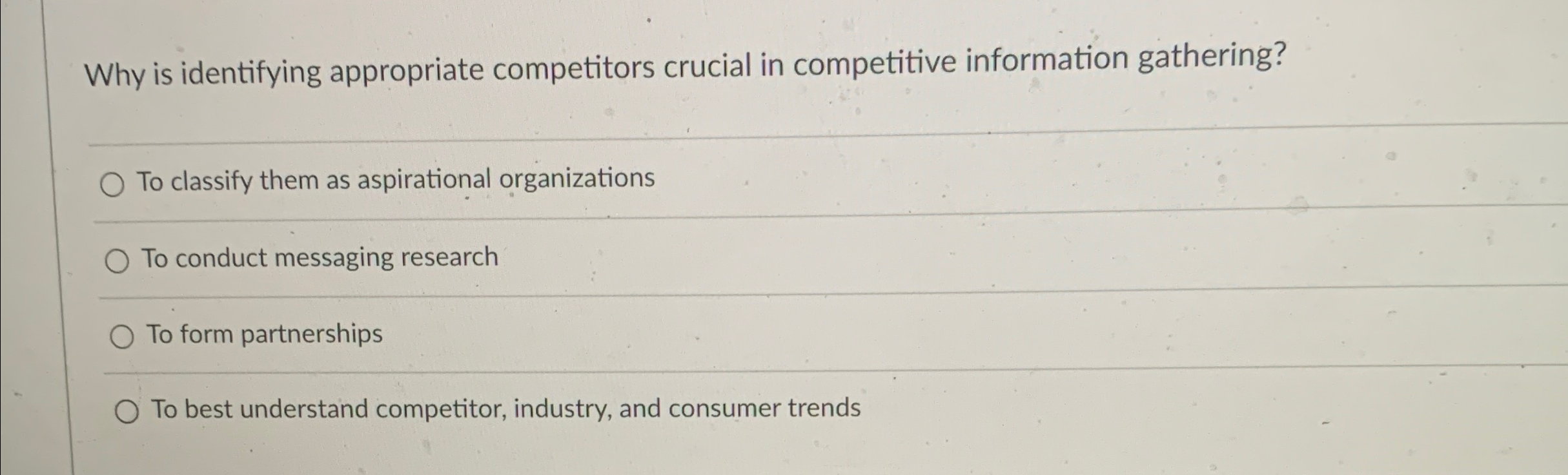 Solved Why is identifying appropriate competitors crucial in | Chegg.com