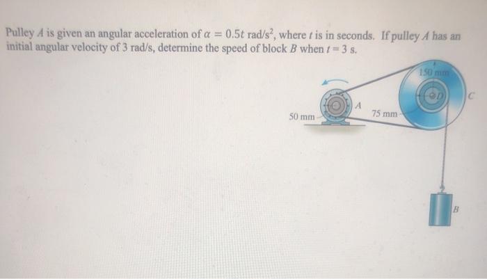 Solved Pulley A is given an angular acceleration of a = 0.5t | Chegg.com