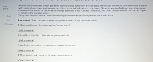 Solved 187Women and men tend to exhibit gendered | Chegg.com