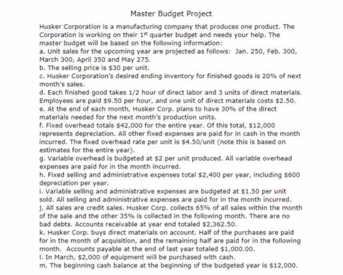 Solved Master Budget Project Husker Corporation is a | Chegg.com
