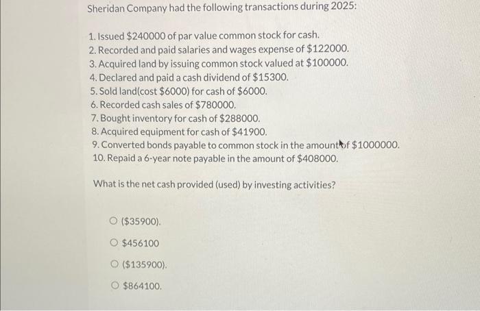 Solved Sheridan Company had the following transactions | Chegg.com